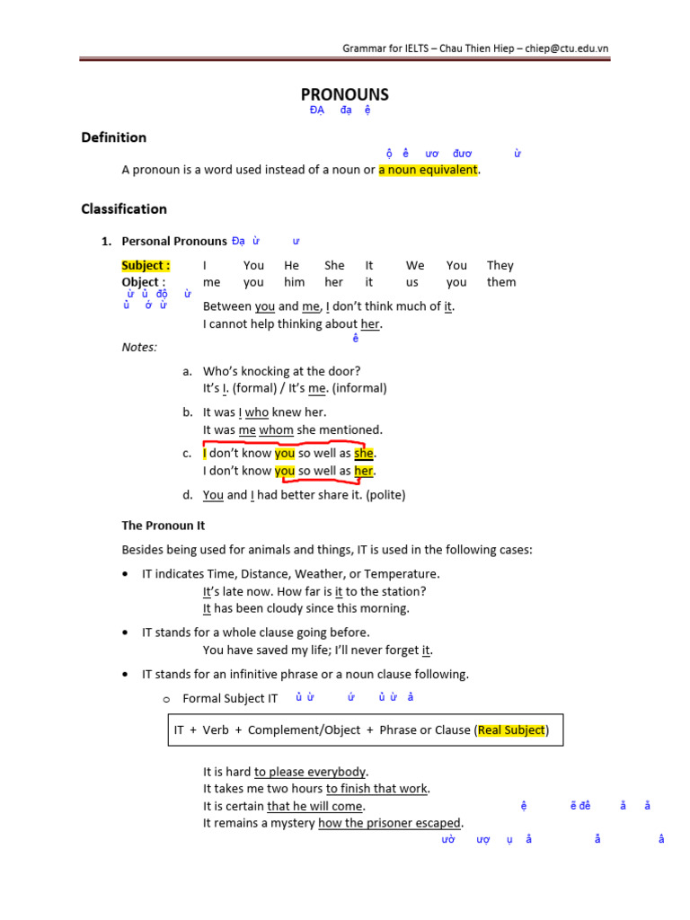 01. Pronoun Lesson (Revised) | PDF | Pronoun | Noun