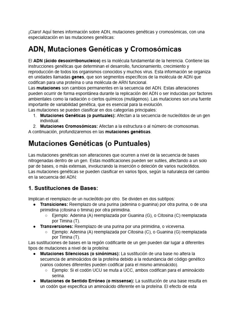 Mutaciones Genéticas: Tipos y Efectos | PDF | Adn | Codigo genetico