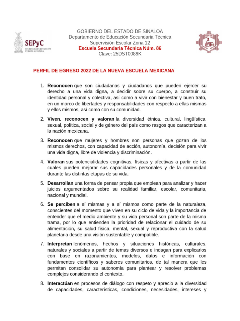 Perfil de Egreso de La NEM | PDF | Pensamiento | Derechos humanos