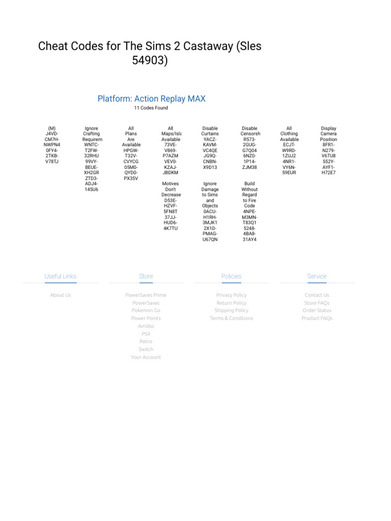 Cheat Codes For The Sims 2 Castaway (Sles 54903) On Action Replay MAX - Codejunkies | PDF