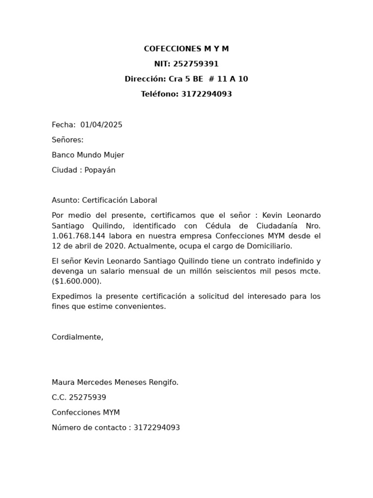 Carta Laboral Kevin | PDF
