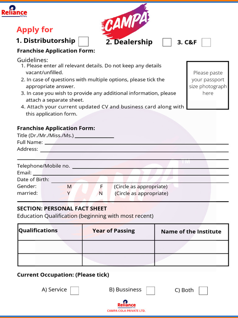 Campa Cola Reliance Industries Registration Form | PDF