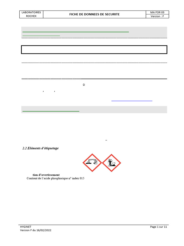 Fiche de sécurité HYGINET - Laboratoires ROCHEX | PDF | Déchets