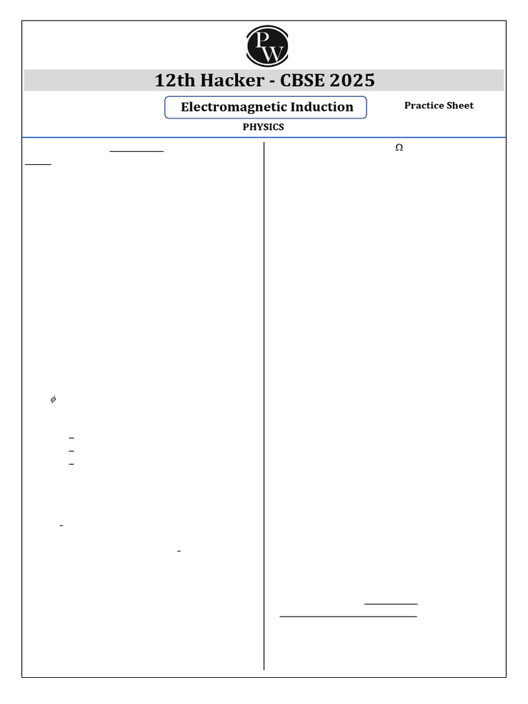 Electromagnetic Induction - Practice Sheet 12th Hacker CBSE | PDF ...