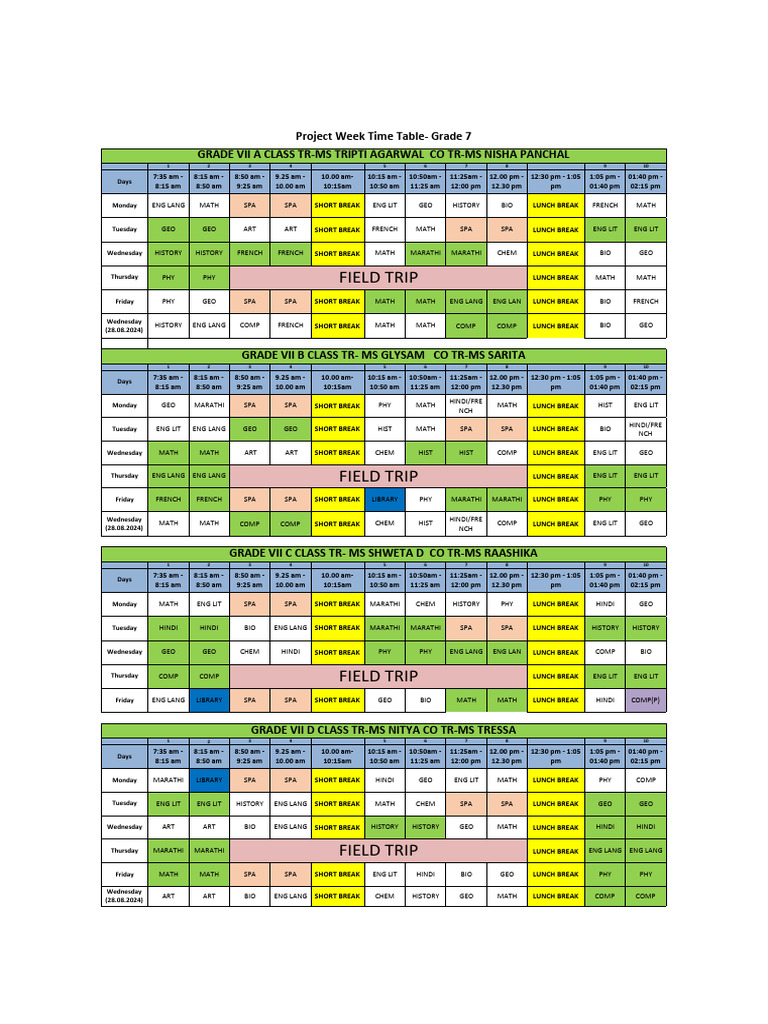 Grade 7 Project Week Timetable | PDF