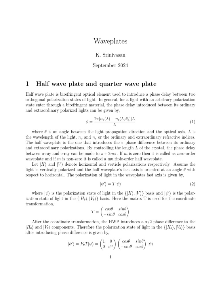 Half-Wave Plate Matrix Analysis | PDF | Radiation | Optics