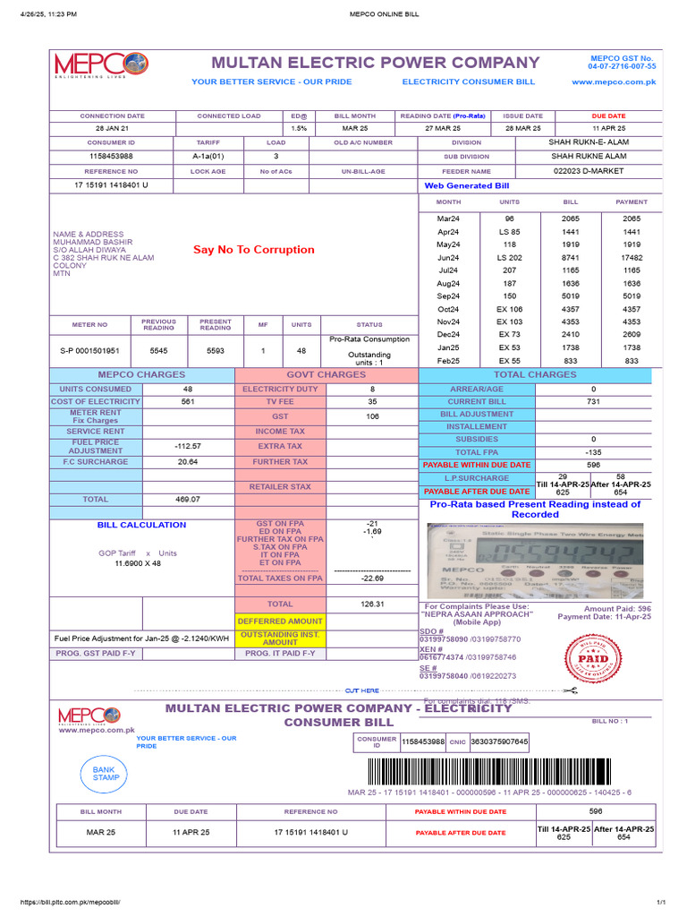 MEPCO ONLINE BILL Muhammad Bashir | PDF | Fee | Taxes
