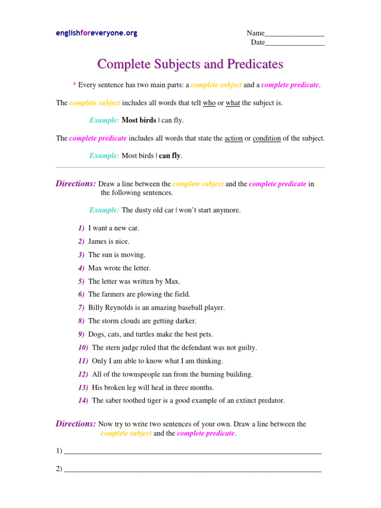 2-Simple and Complete Predicate Practice Packet | PDF | Subject ...