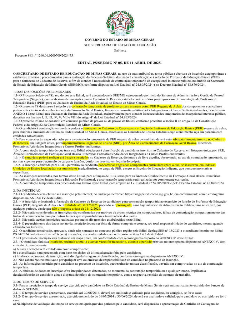 Edital PS Seemg #05 de 11 Abril de 2025 | PDF | Pós-graduação ...