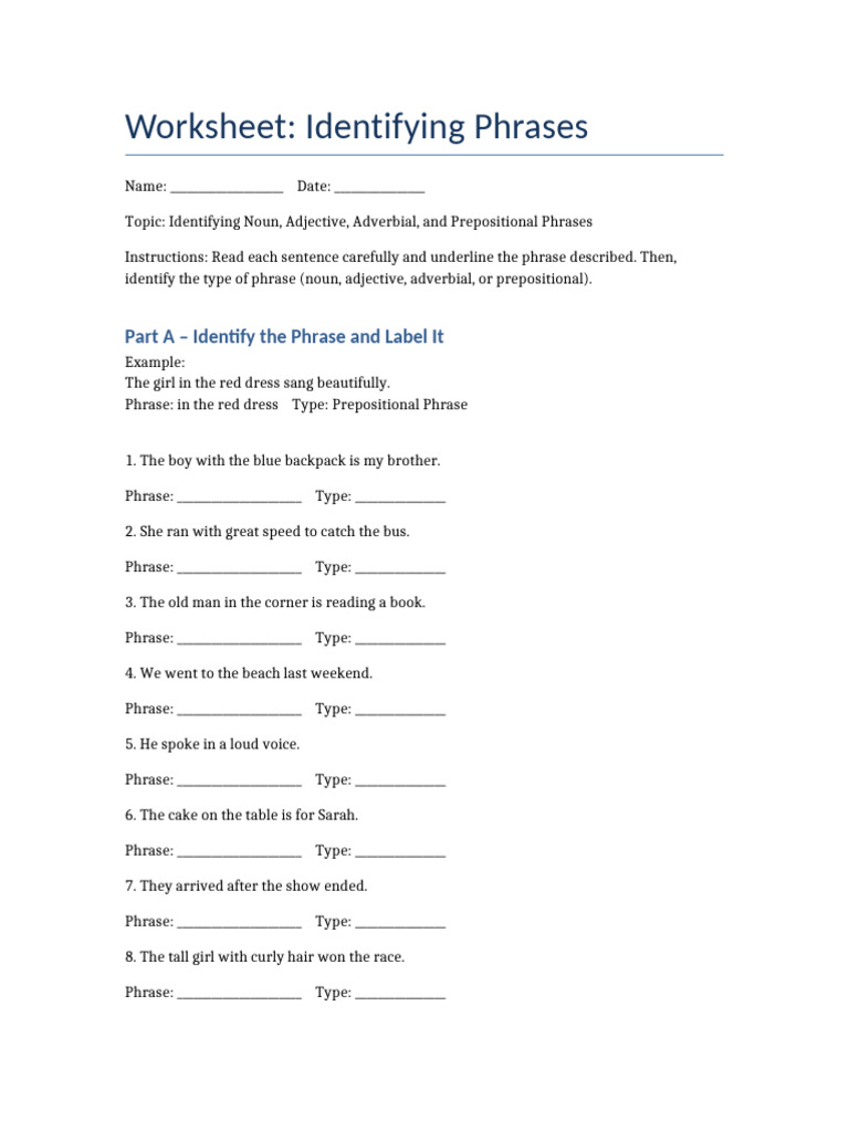Updated Identifying Phrases Worksheet | PDF | Phrase | Adjective