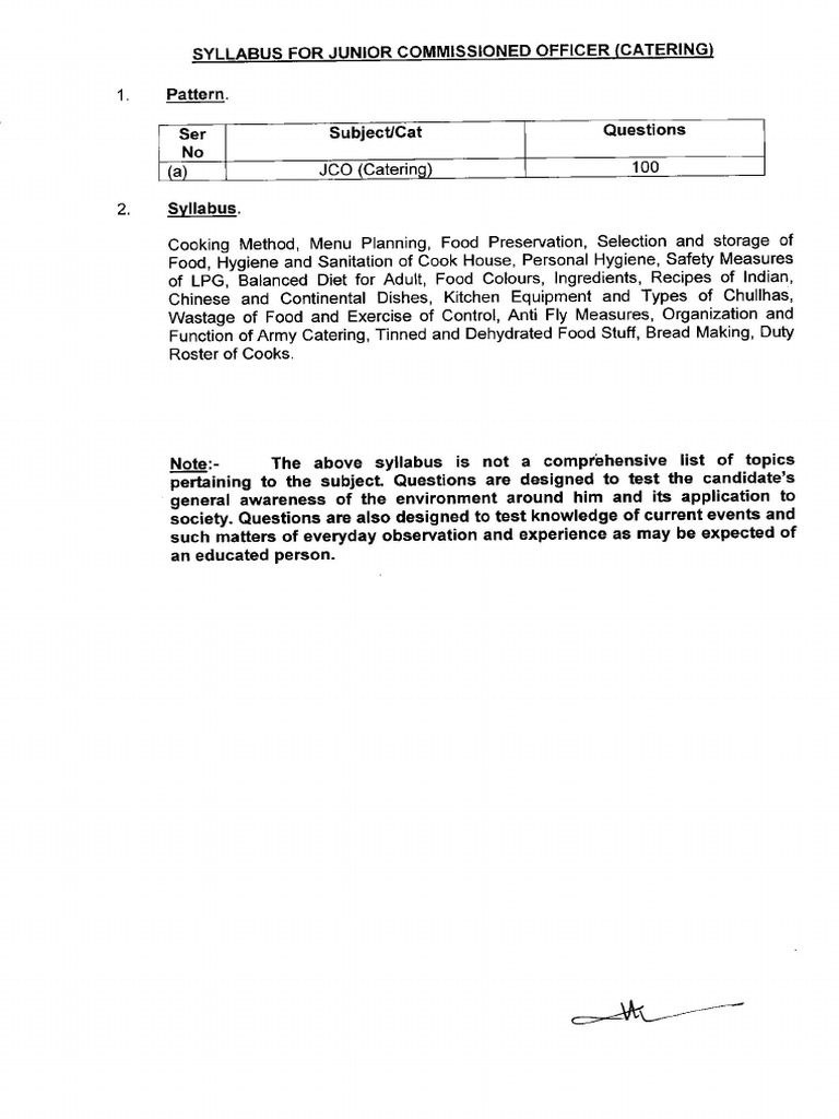 Syllabus For Junior Commissioned Officer Catering | PDF