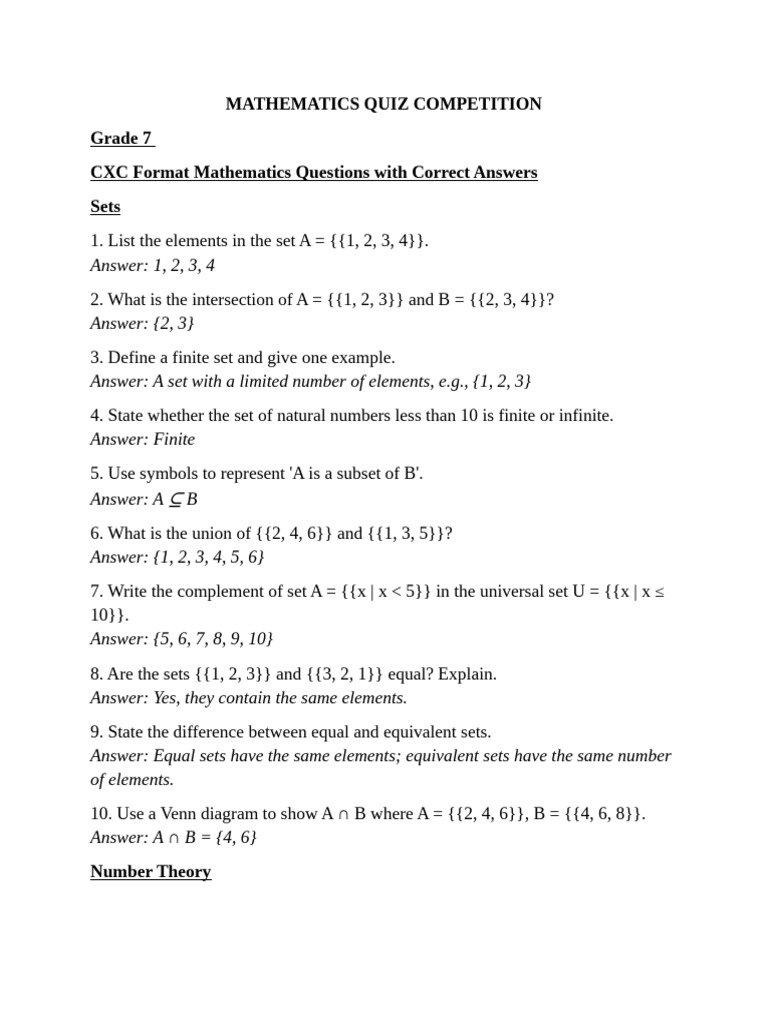 Grade 7-9 Mathematics Quiz Competition | PDF | Set (Mathematics) | Mathematical Objects