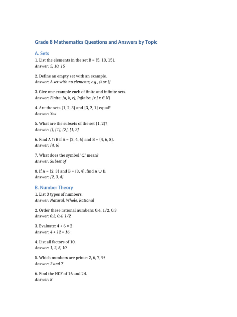 Grade 8 Full Topics Math Questions Answers | PDF | Set (Mathematics ...
