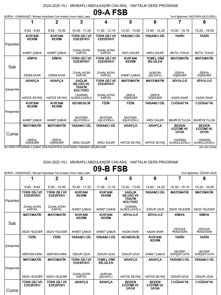24-25 SINIF PROGRAMLARI 3 (1) | PDF