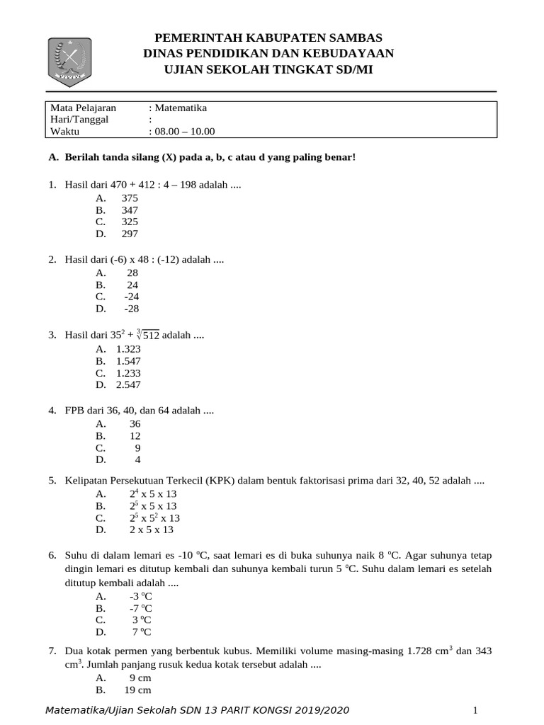 Contoh Soal Ujian MTK SD | PDF