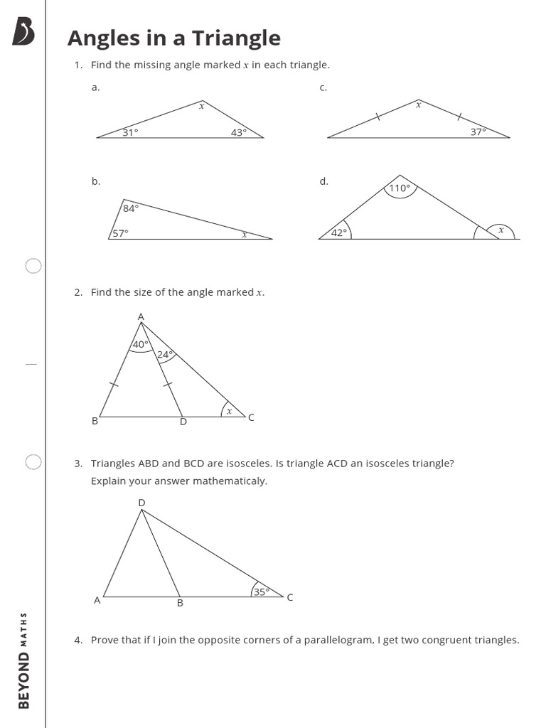 Angles in a Triangle Worksheet | PDF