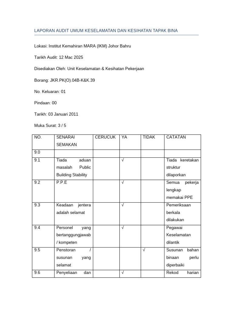 Laporan Audit Keselamatan Tapak Bina | PDF