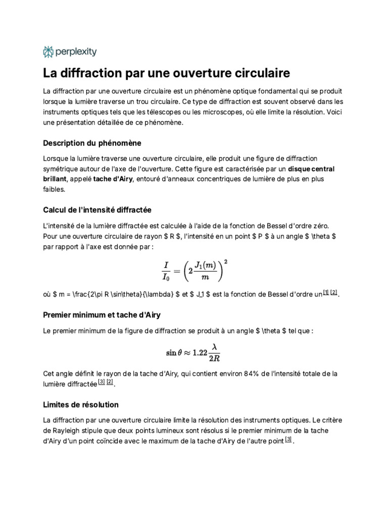 Diffraction par une ouverture circulaire | PDF | Pouvoir de résolution ...