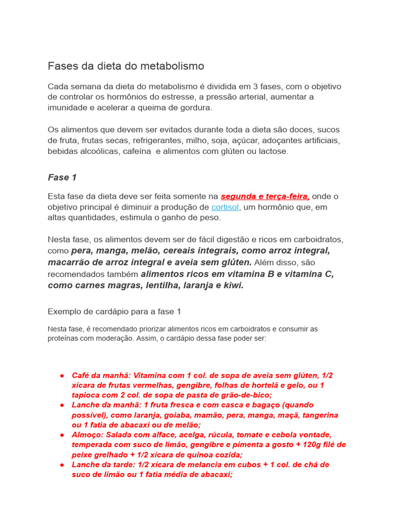 Fases da Dieta do Metabolismo: Guia Completo | PDF | Alimentos | Vitamina