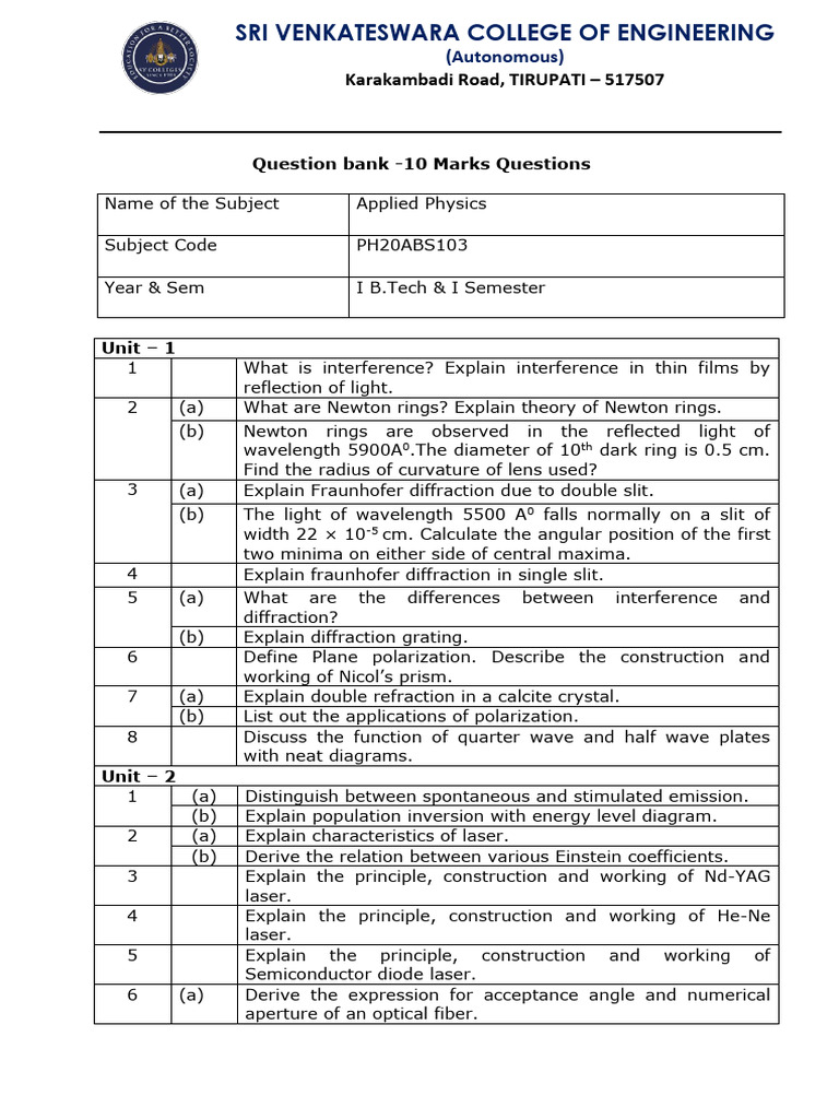 AP - 10 Marks Question Bank | PDF | Diffraction | Superconductivity