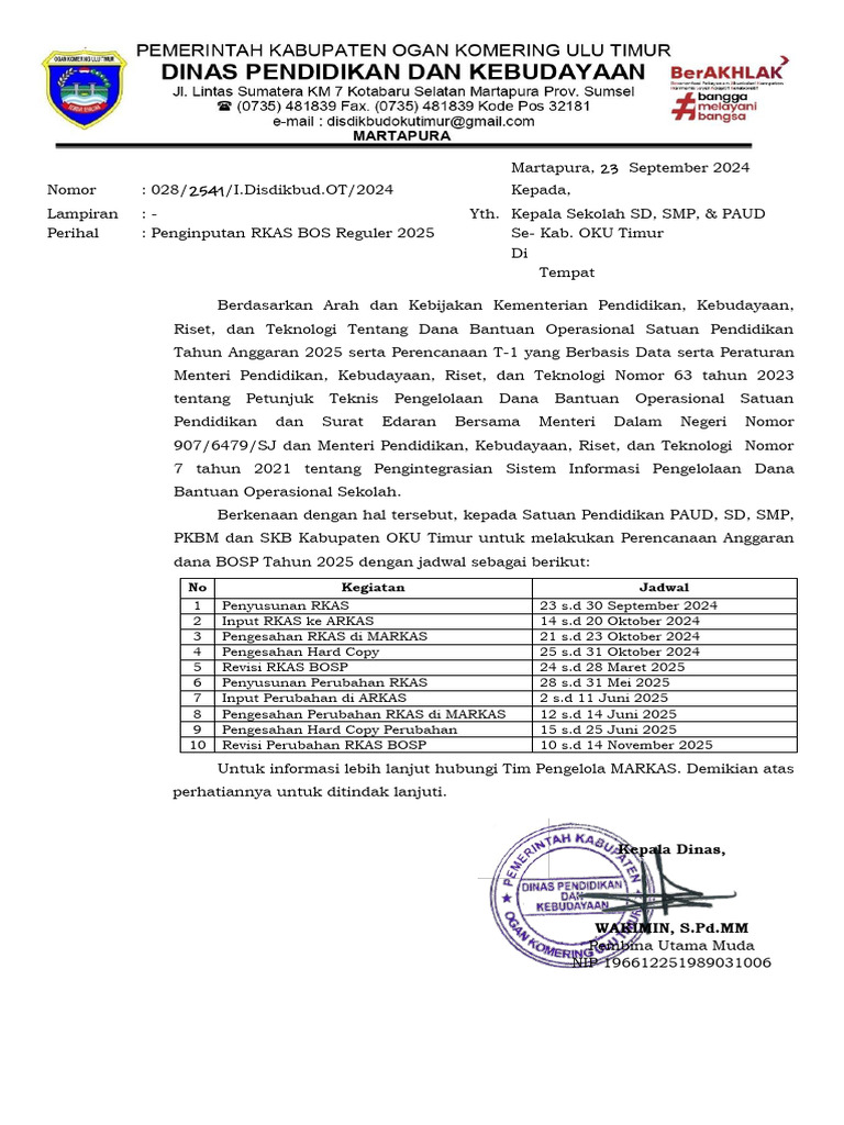 Surat Edaran Penginputan Rkas Bos Reguler 2025 | PDF