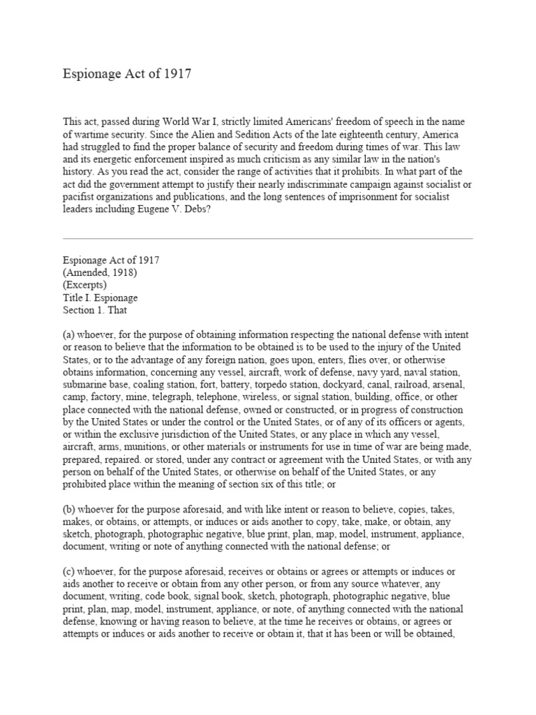 Espionage Act of 1917 Overview | PDF | Espionage Act Of 1917 | Espionage