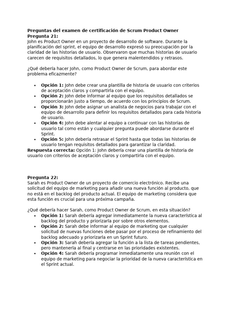 Preguntas Del Examen de Certificación de Scrum Product Owner | PDF | Scrum (desarrollo de software)