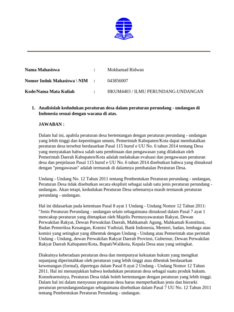 Tugas.1 ILMU PERUNDANG-UNDANGAN (HKUM4403) | PDF