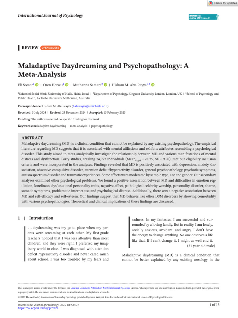 Maladaptive Daydreaming and Mental Health | PDF | Mental Disorder ...