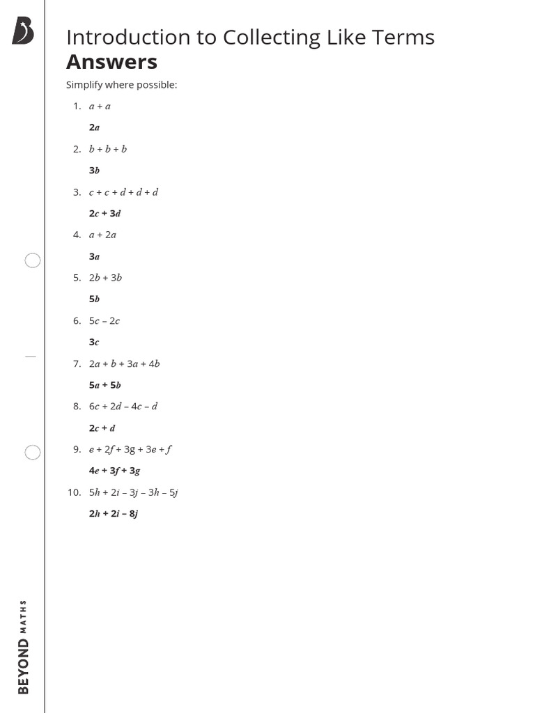 Collecting Like Terms Worksheet Answers | PDF