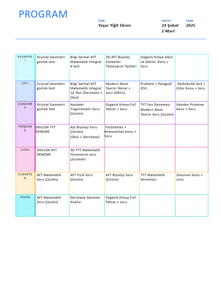 Weekly Assignment Sheet Color 1 | PDF