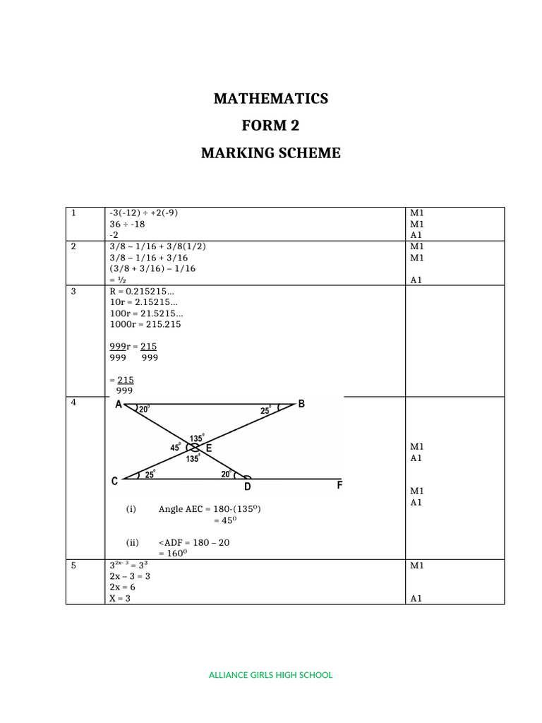 MATHEMATICS Form 2 Marking Scheme | PDF