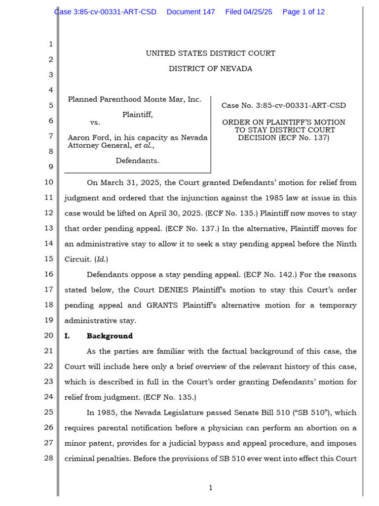 Pause On Parental Notification Law | PDF | Injunction | Roe V. Wade