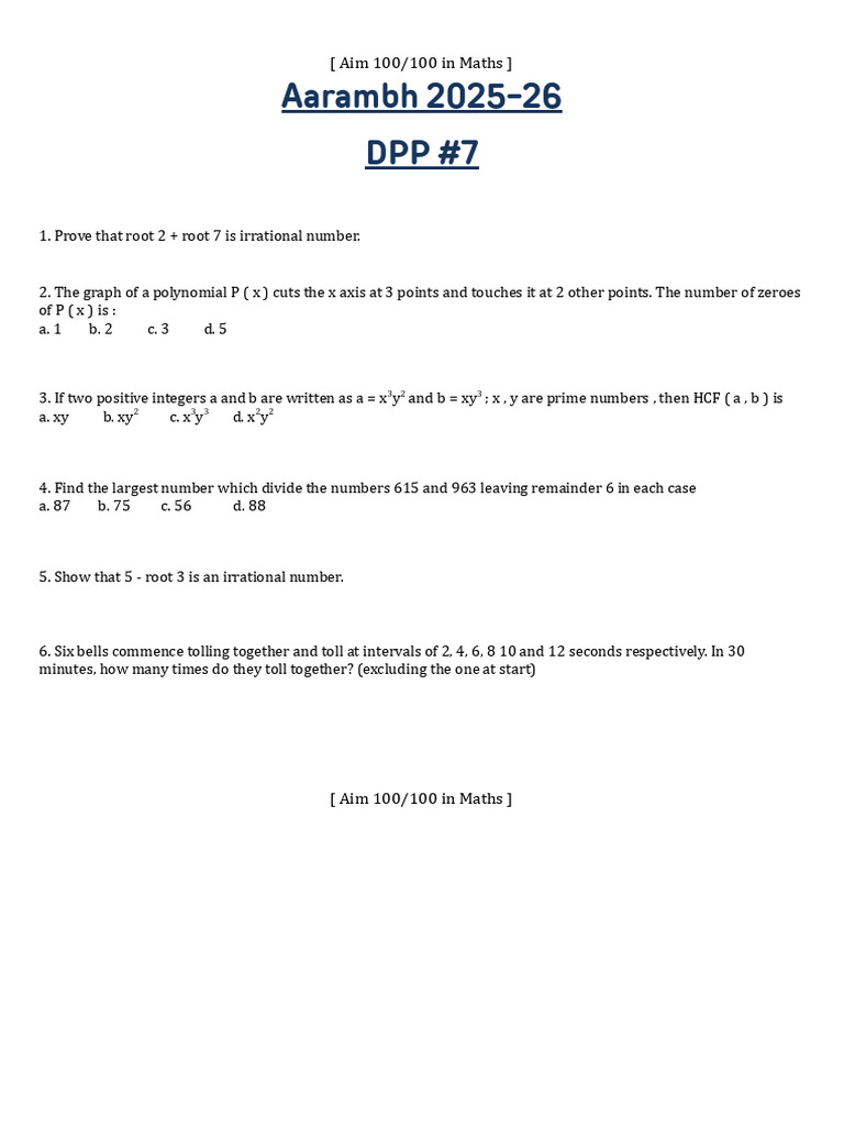 Aarambh 2025-26 DPP #7: (Aim 100/100 in Maths) | PDF