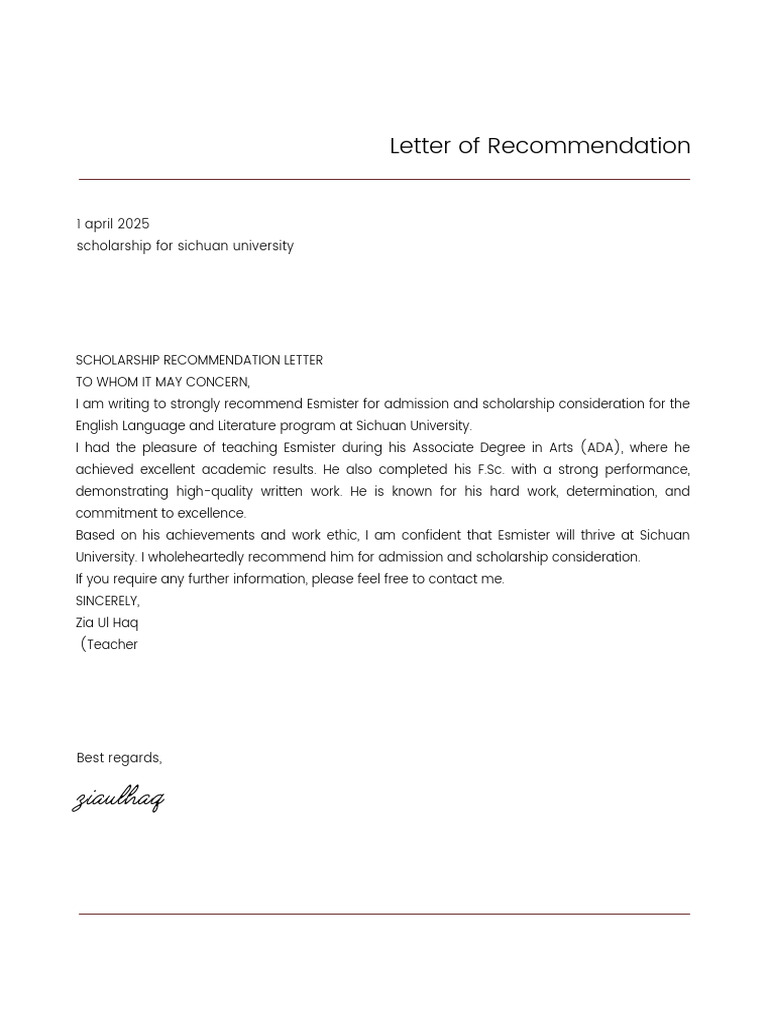 Sichuan Second Recommdation Letter For Artsd | PDF