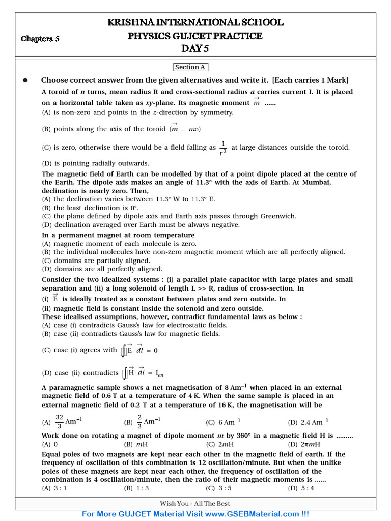 GUJCET Physics Paper Ch-5 (EM) (GSEBMaterial - Com) | PDF | Magnetism ...