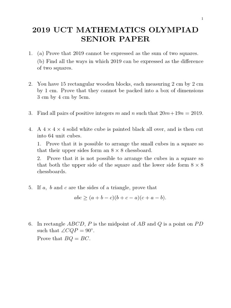 UCT Mathematics Olympiad 2019 Senior Paper | PDF