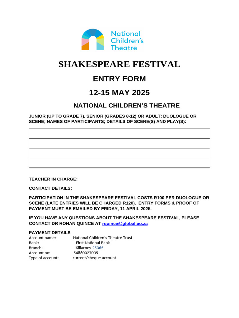 NCT 2025 - Shakespeare Festival Entry Form | PDF