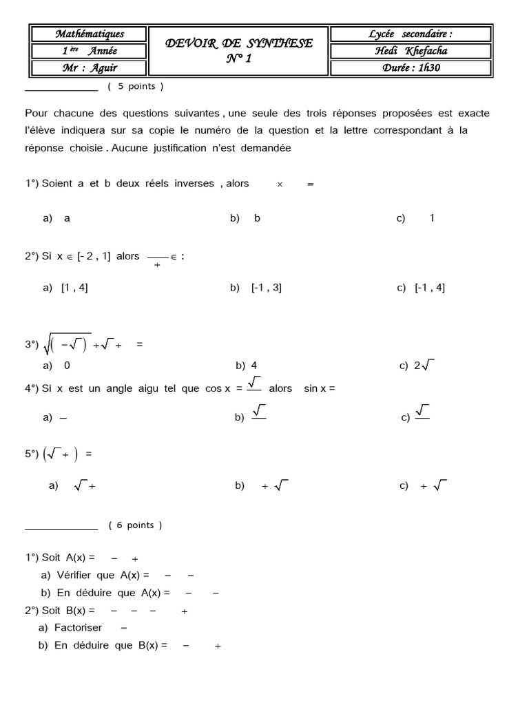 Devoir de mathématiques 1ère année lycée | PDF | Géométrie euclidienne ...