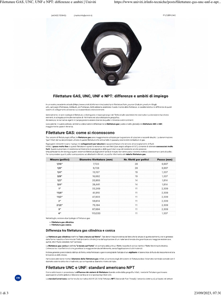 Filettature GAS, UNC, UNF e NPT - Differenze e Ambiti - Univiti | PDF