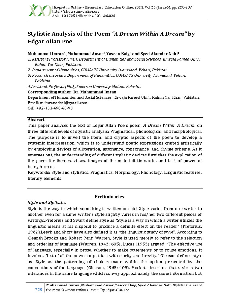 A Dream within a Dream_Stylistic-Analysis | PDF | Word | Part Of Speech
