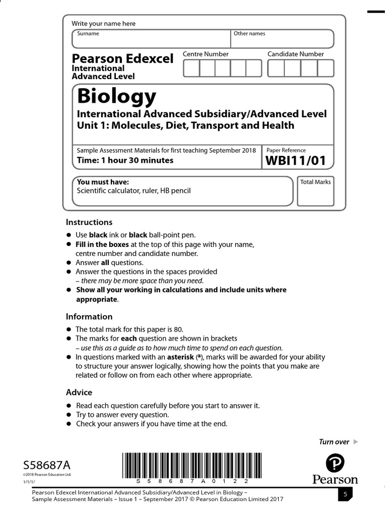 Specimen 2019 (IAL) QP - Unit 1 Edexcel Biology a-level | PDF ...