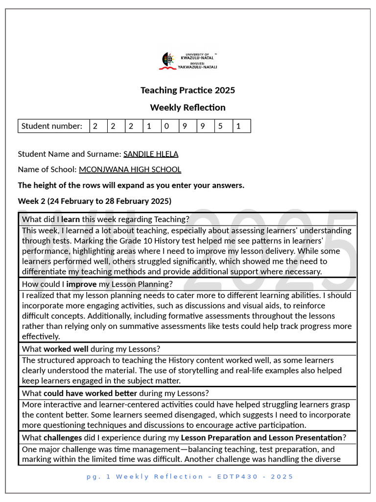 Weekly Reflective Journal 2,3,4,5 AND 6 WEEKS | PDF | Learning ...