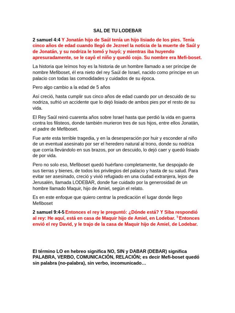 Mefiboset: De Lodebar a la Misericordia | PDF | Saulo | David