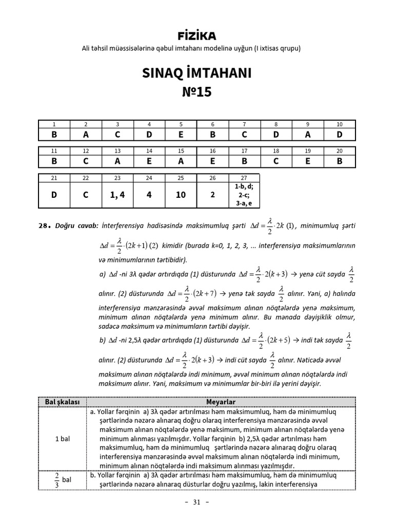 Fizika Qrup 1 AZ Sinaq 15 | PDF