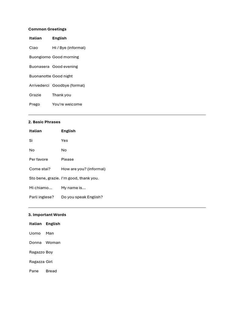 Italian Greetings and Basic Phrases Guide | PDF