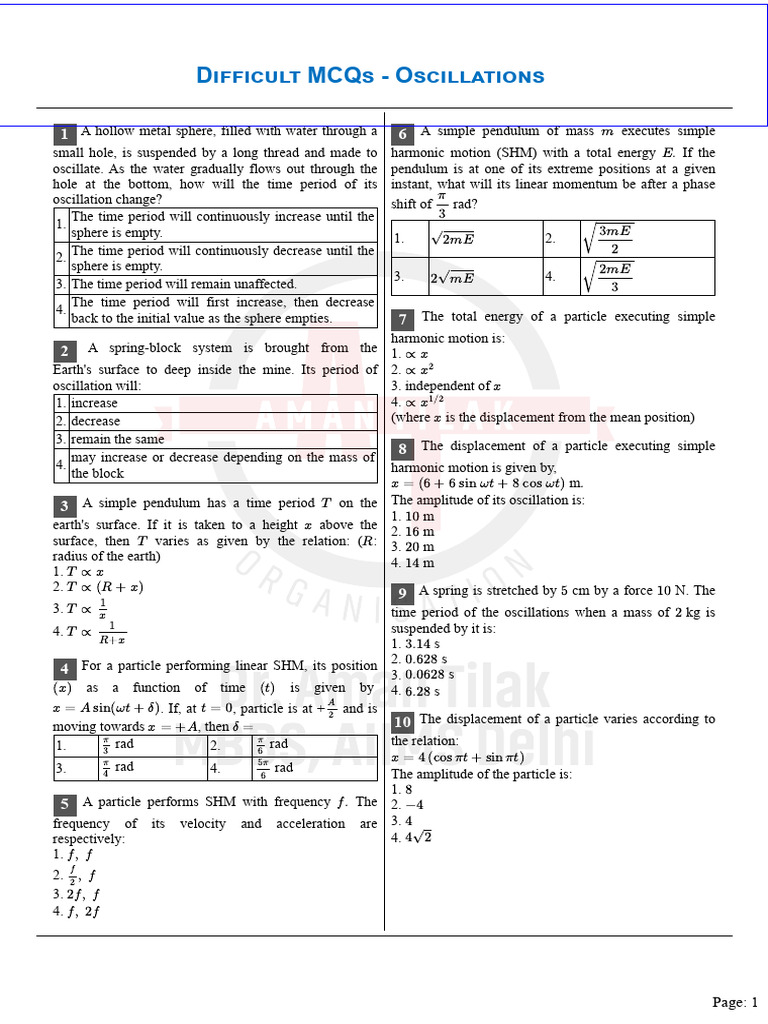 Difficult MCQs - Oscillations | PDF | Oscillation | Motion (Physics)