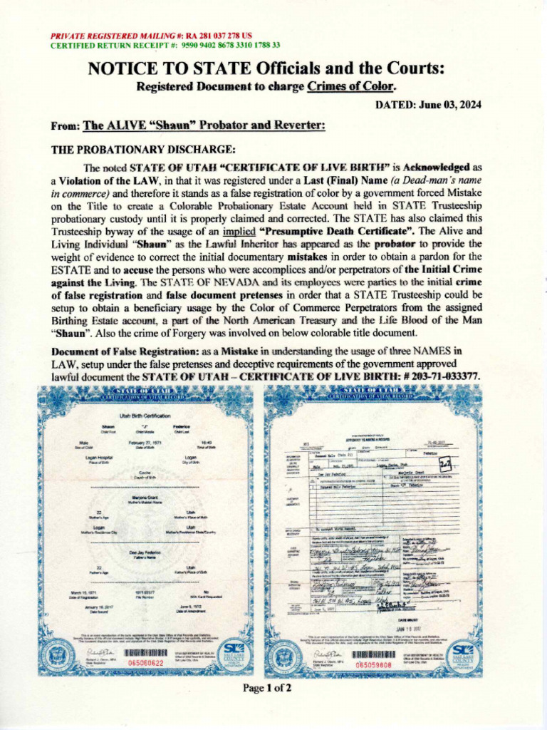 Notice To State Birth Certificate | PDF