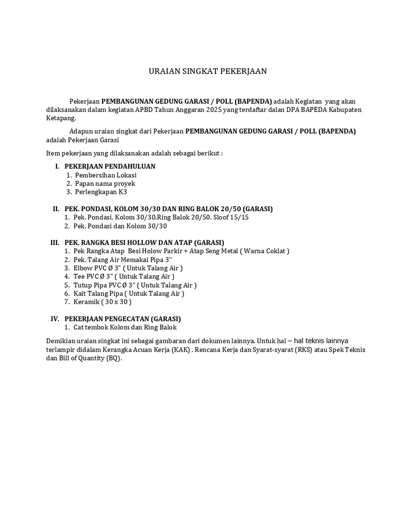 Uraian Singkat Pekerjaan | PDF