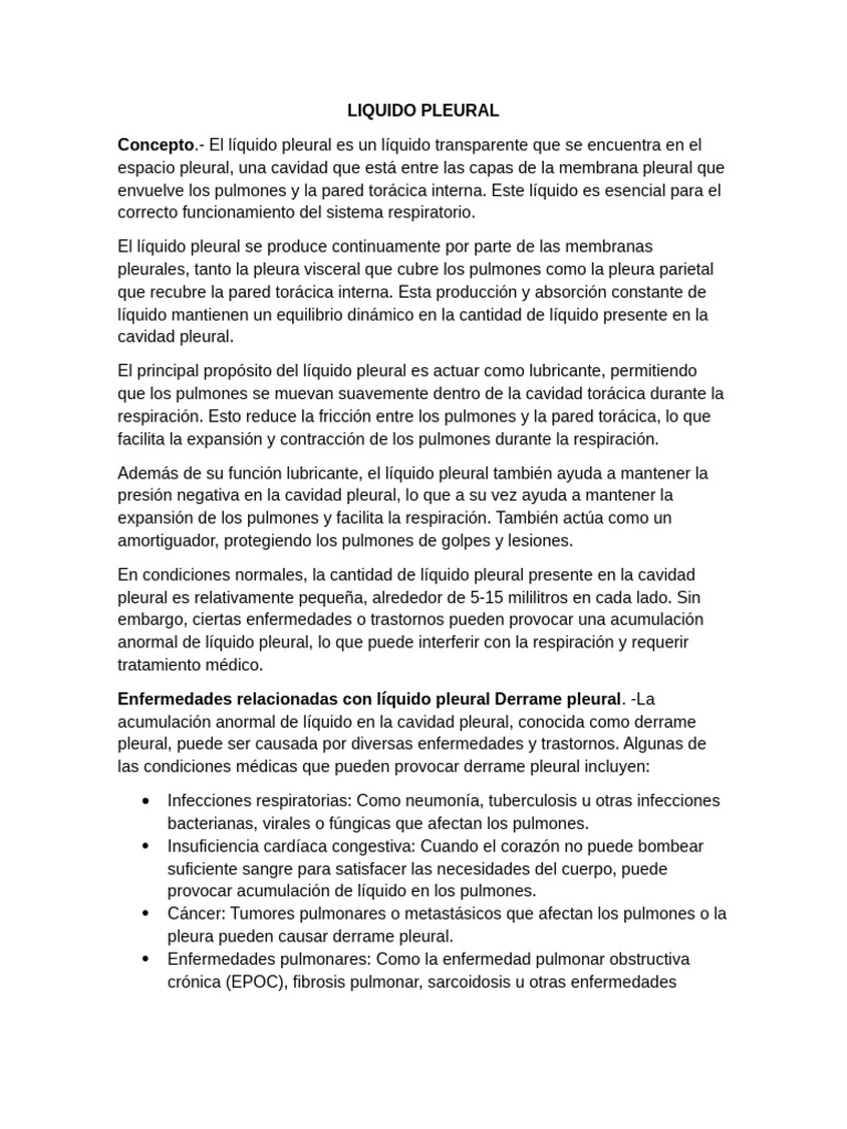 Todo sobre el líquido pleural y su función | PDF | Tórax | Pulmón